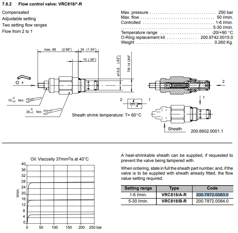 Bucher 200787200830 Flow Control Valve, 1-6 L/min, VRC818/A-R