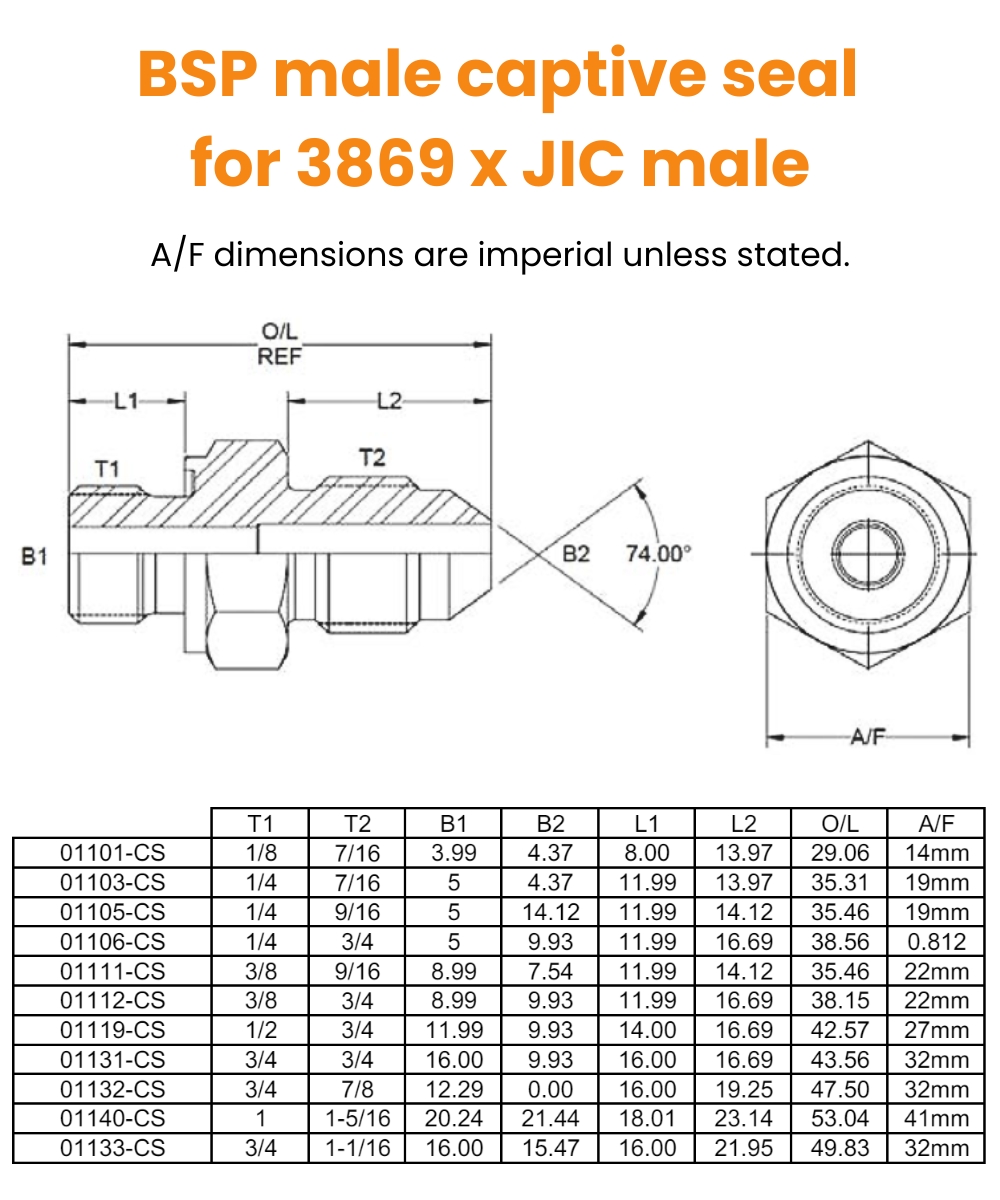 1/8 BSP(CS) x 7/16 JIC M/M C/W Seal for 3869 Hydraulic Adaptor | Flowfit