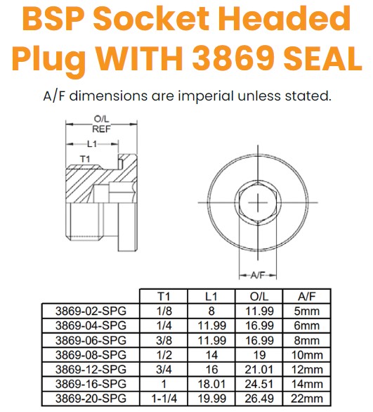 1/8 BSP Socket Head Plug Captive Seal 3869 Hydraulic Adaptor | Flowfit