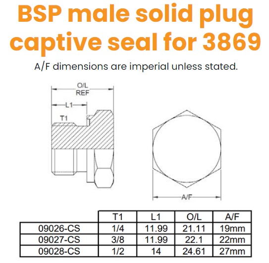 1/4 BSP Male Hex Head Captive Seal 3869 Solid Plug Hydraulic Adaptor