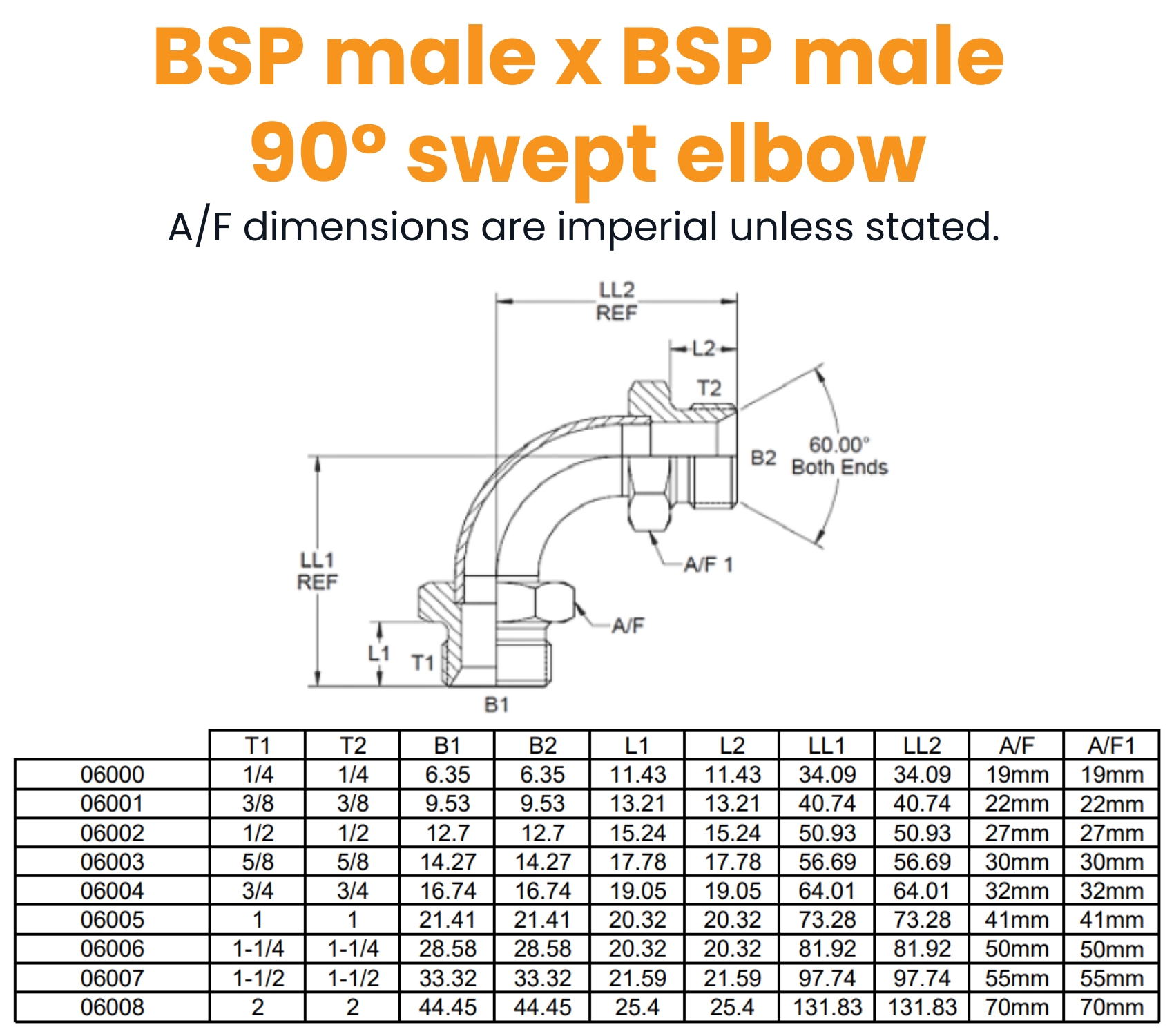 1/4 BSP M/M 90° Swept Hydraulic Adaptor | Flowfit