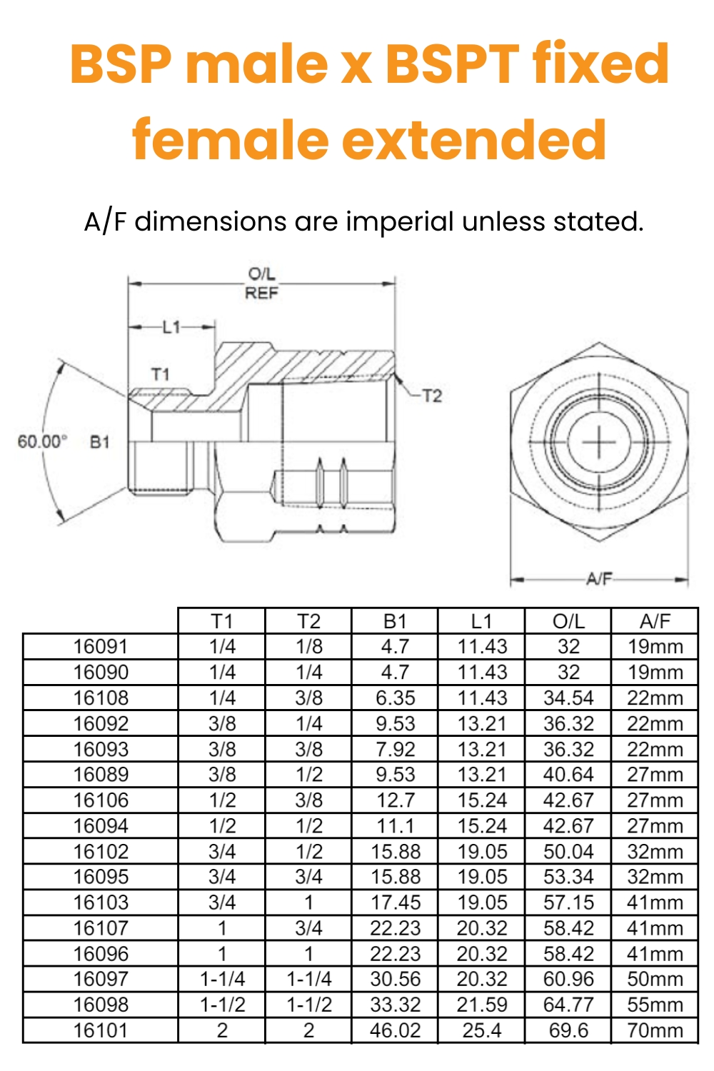1/4 BSP x 1/4 BSPT M/Fix Fem Ext Hydraulic Adaptor