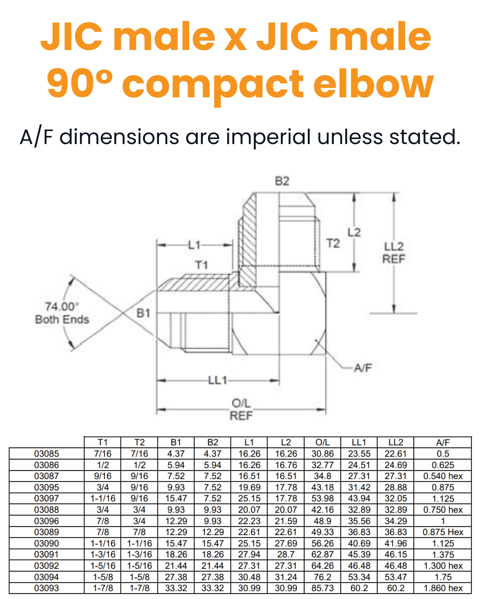 7/16 JIC x 7/16 JIC M/M 90° Compact Hydraulic Adaptor | Flowfit