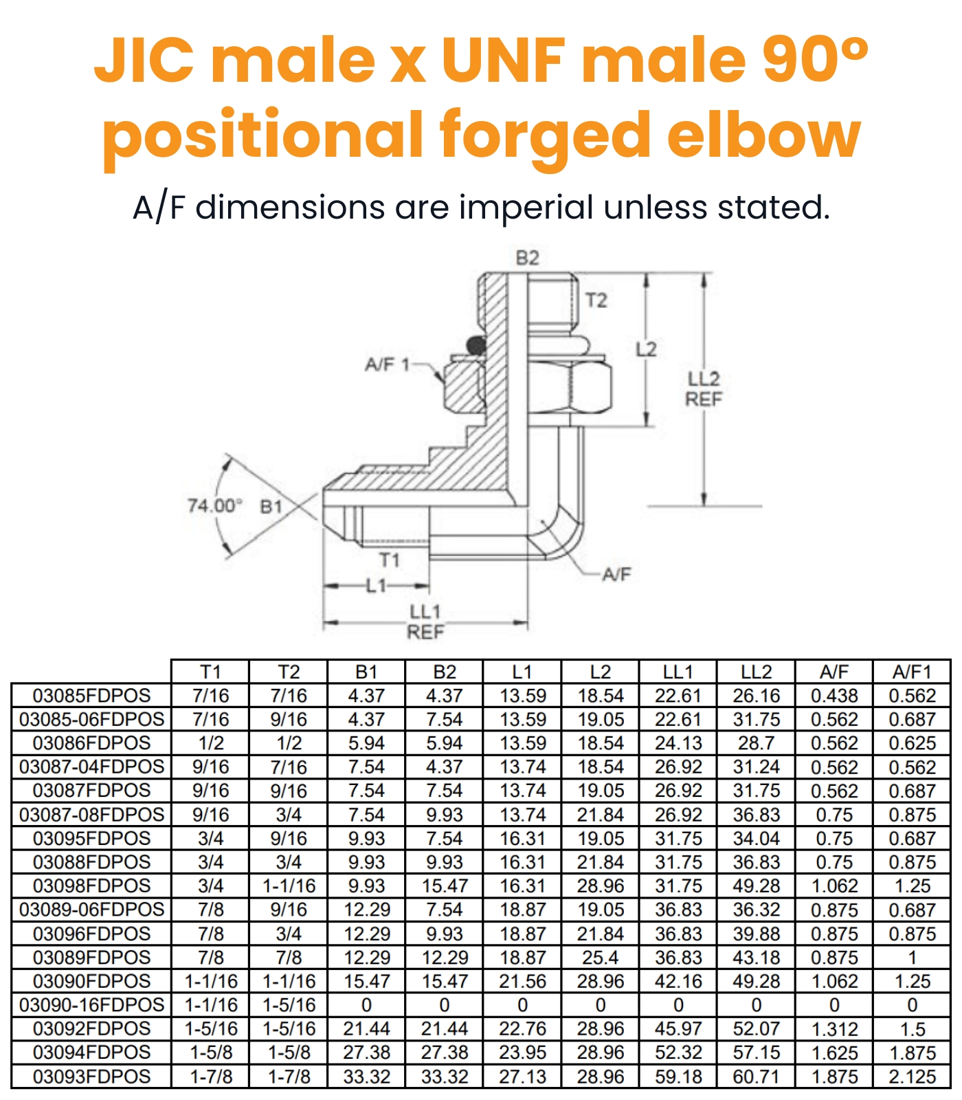 7/16 JIC x 7/16 UNF Male 90° Positional Elbow Forged Hydraulic Adaptor