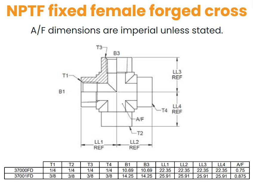 1/4 NPTF Fixed Female Forged Cross Hydraulic Adaptor | Flowfit