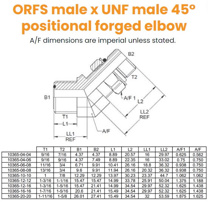 9/16 Orfs x 7/16 UNF M/M 45° Positional Elbow Hydraulic Adaptor | Flowfit
