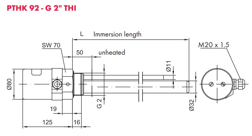 Two Phase, Screwed-In heater internal adjust, 750 watt, 500mm