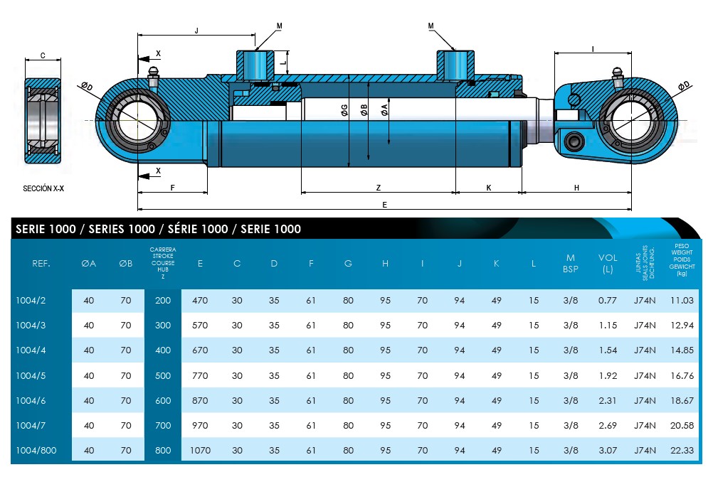 Hydraulic Double Acting Cylinder / Ram 70x40x200x470mm 1004/2