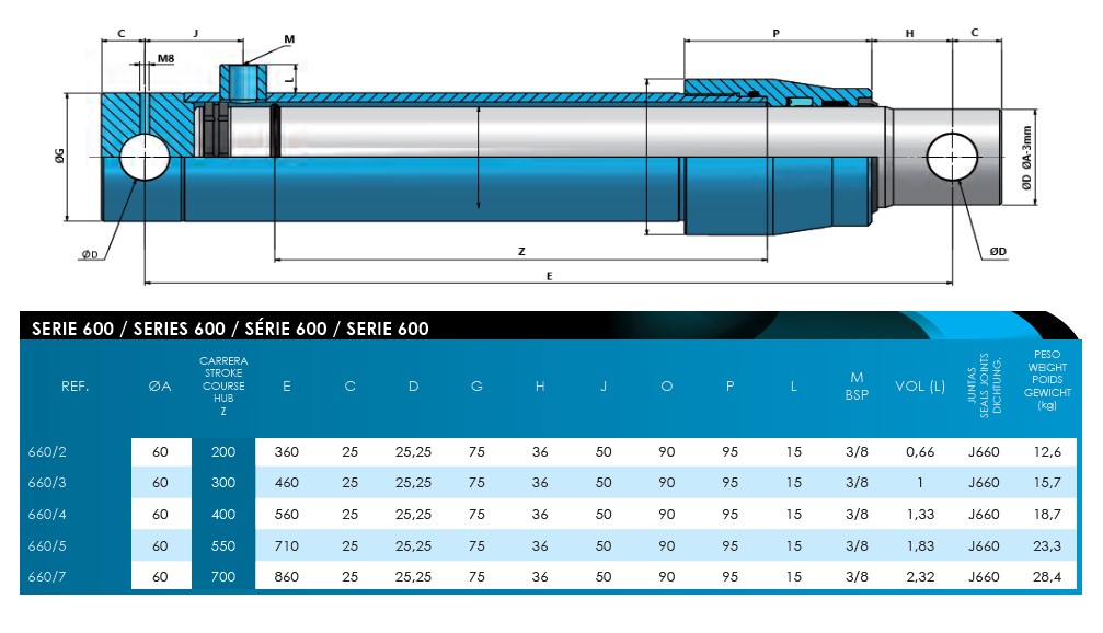 Hydraulic Single Acting Cylinder / Ram 60x200x360mm 660/2 | Flowfit